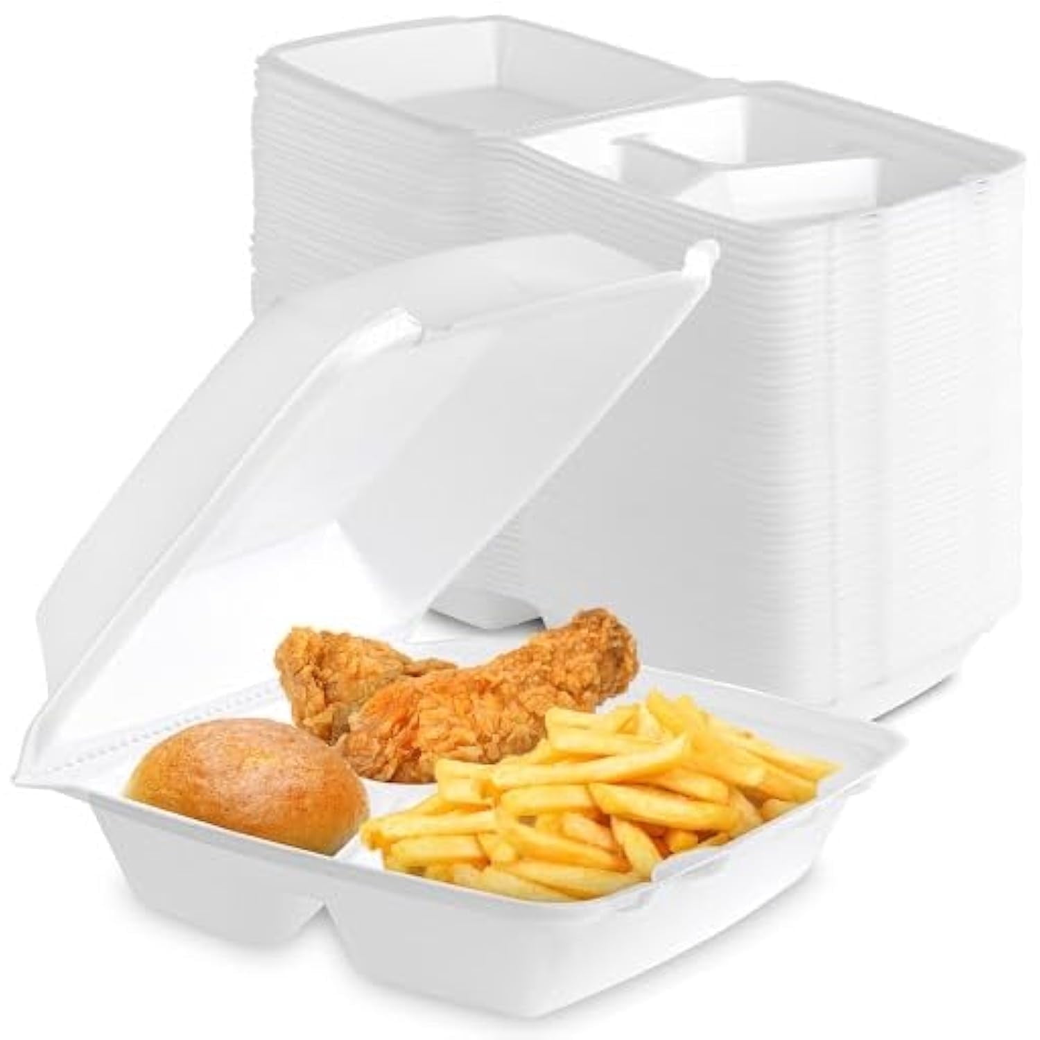 8"x8"x3" White Foam Disposable Clamshell Trays, 3-Compartment Take Out ...