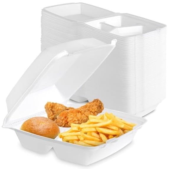 8"x8"x3" White Foam Disposable Clamshell Trays, 3-Compartment Take Out ...