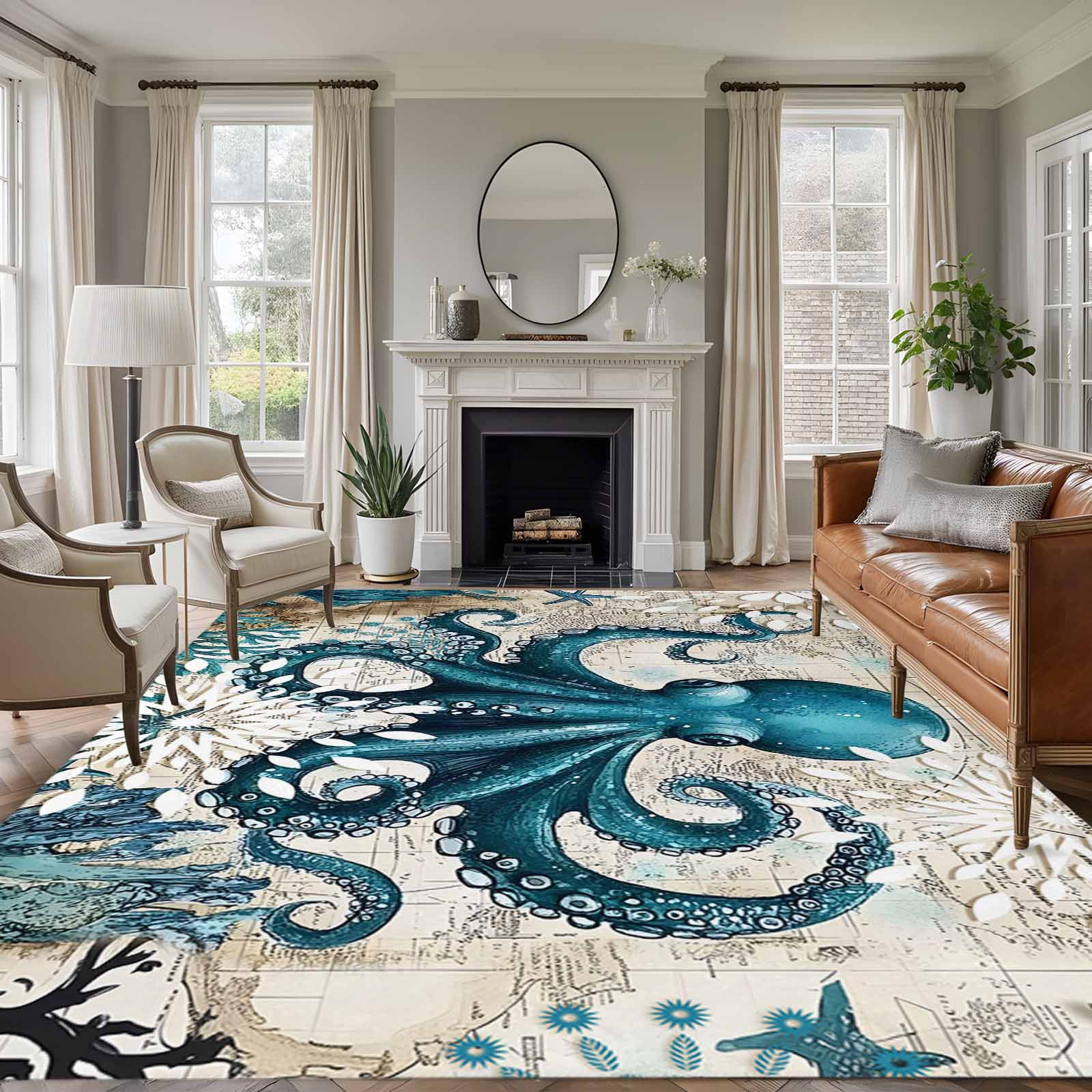 8'x10' Area Rugs, Coastal Octopus Indoor Outdoor Area Rug for Living ...