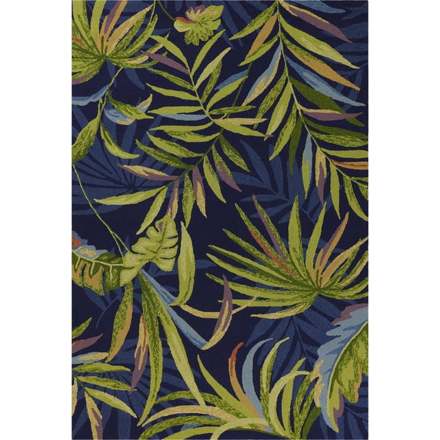 8'x10' Ink Blue Hand Hooked UV Treated Oversized Tropical Leaves Indoor ...