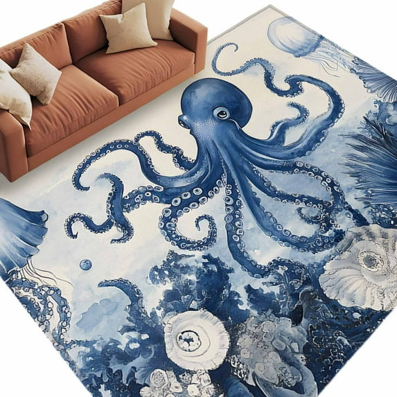 8'x10'Large Area Rugs Navy Blue Octopus Washable Area Rugs Non-Slip ...