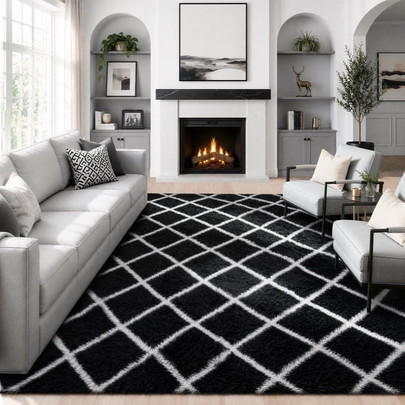 8'x10' Large Shag Area Rug, Modern Diamond Pattern Fluffy Plush Soft ...