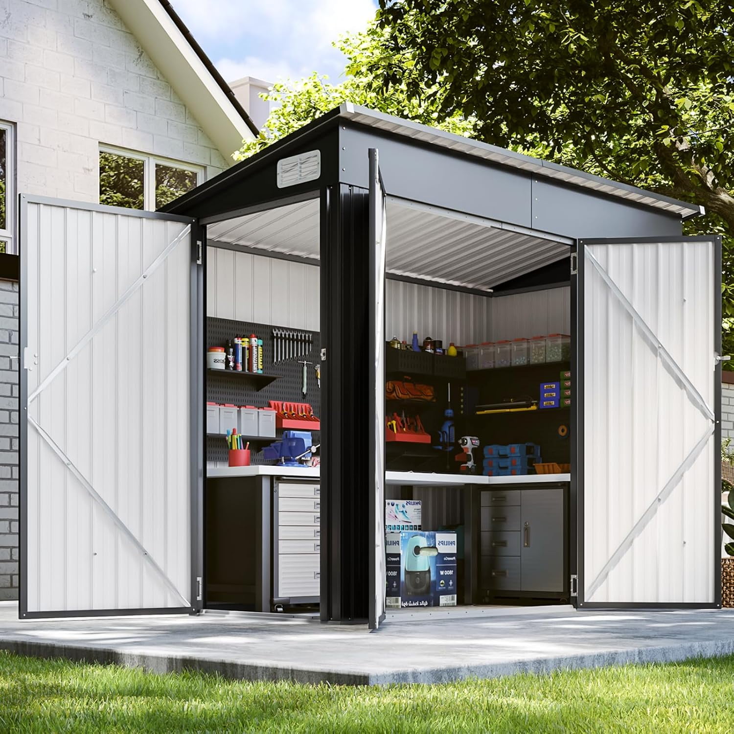 8'x4' Shed Galvanized Steel Storage Sheds with Triple Doors Utility ...