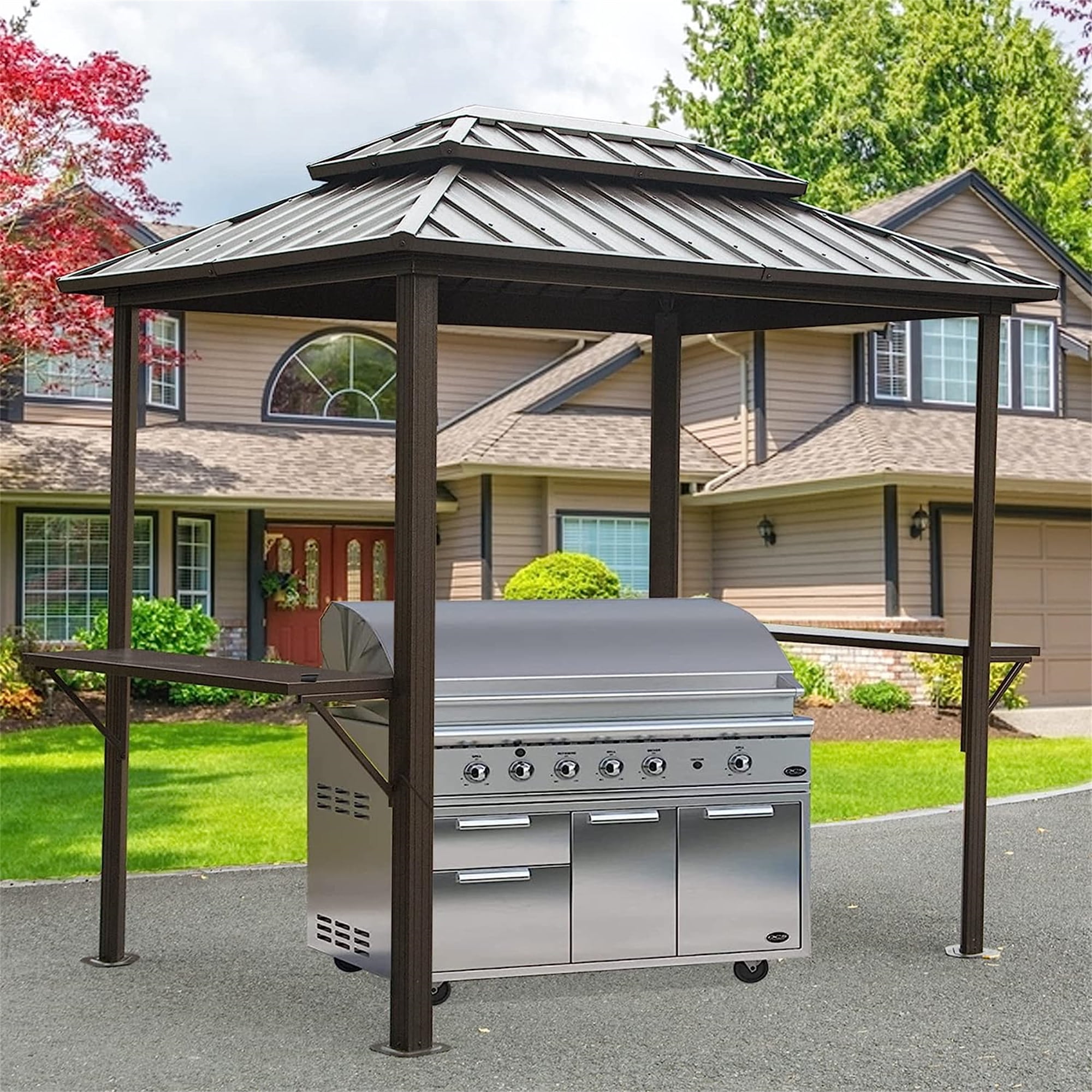 8'x6' Patio Grill Gazebo with Shelves Serving Tables, Steel Double Roof ...
