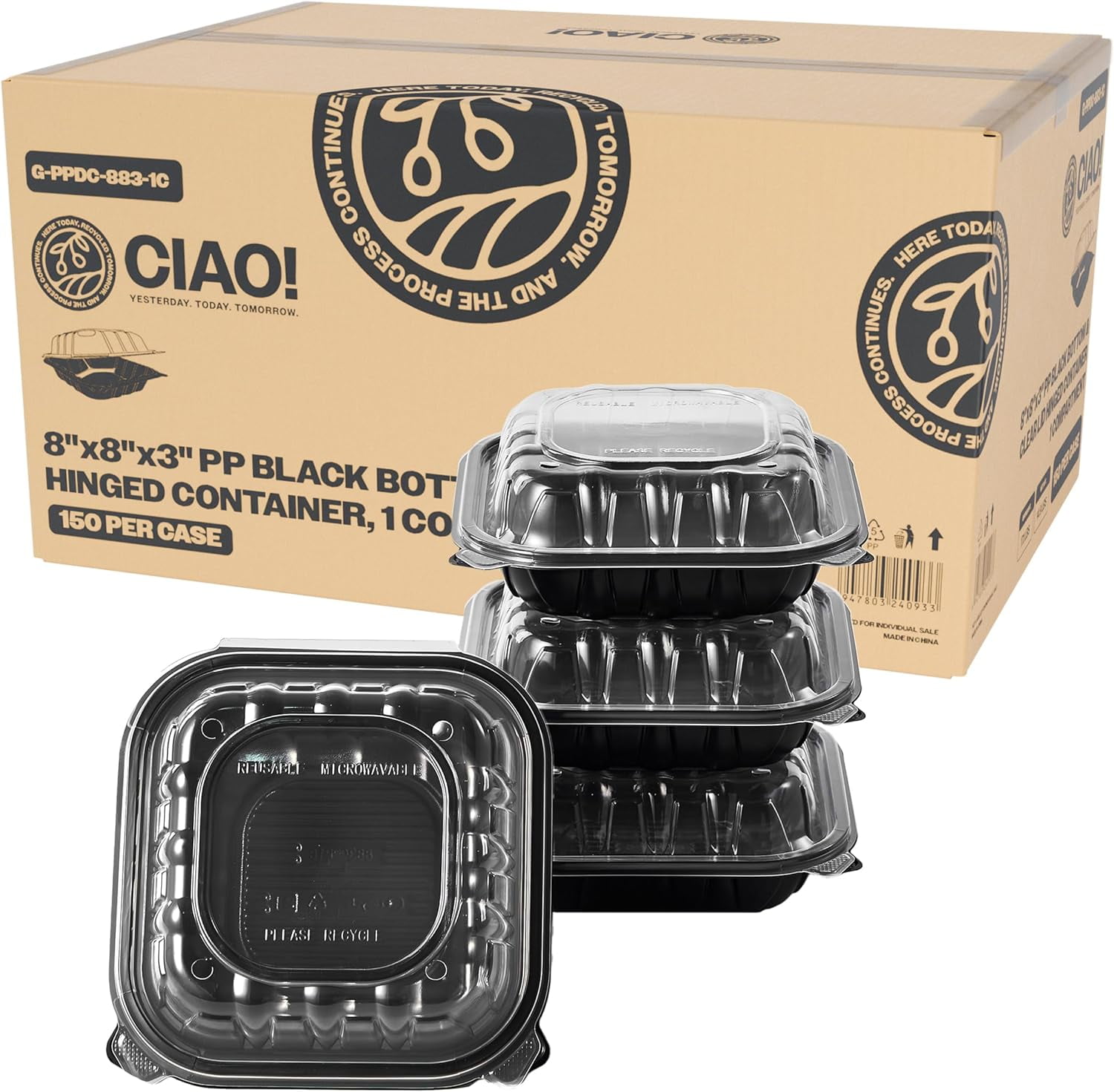 8"x8"x3" Polypropylene Black bottom with Clear Lid Hinged Container 1 ...