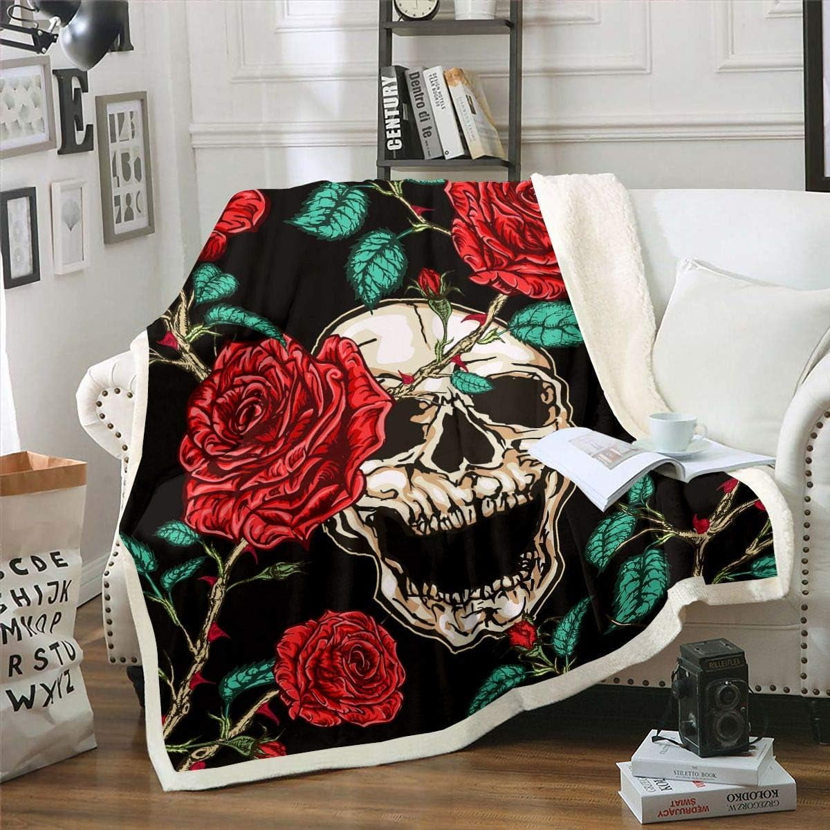 80*100CM-Sugar Skull and Rose Floral Fleece Blanket for Kids and Teens ...
