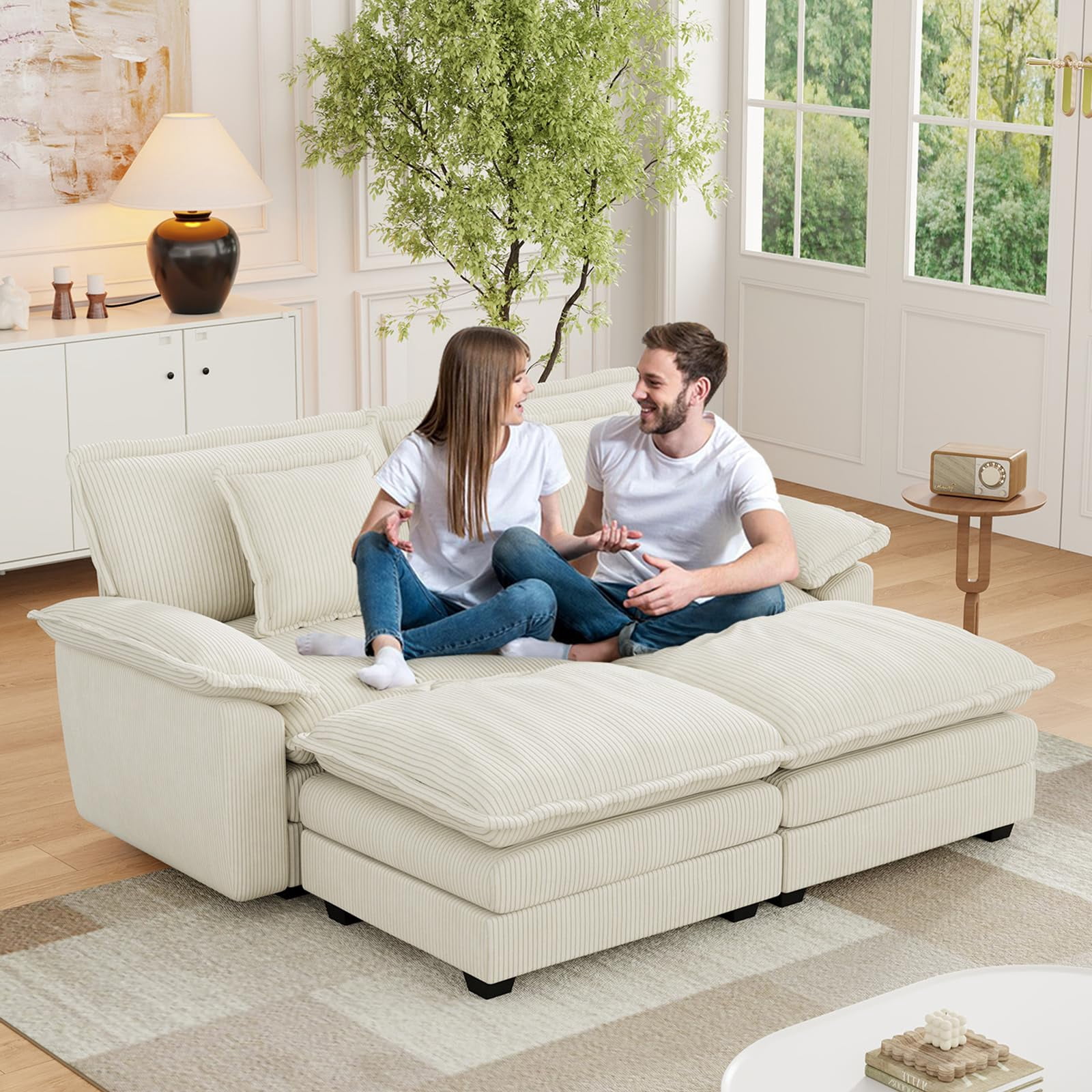 80.5” Modular Sectional Sofa, Modern Corduroy Loveseat with 2 Ottoman ...