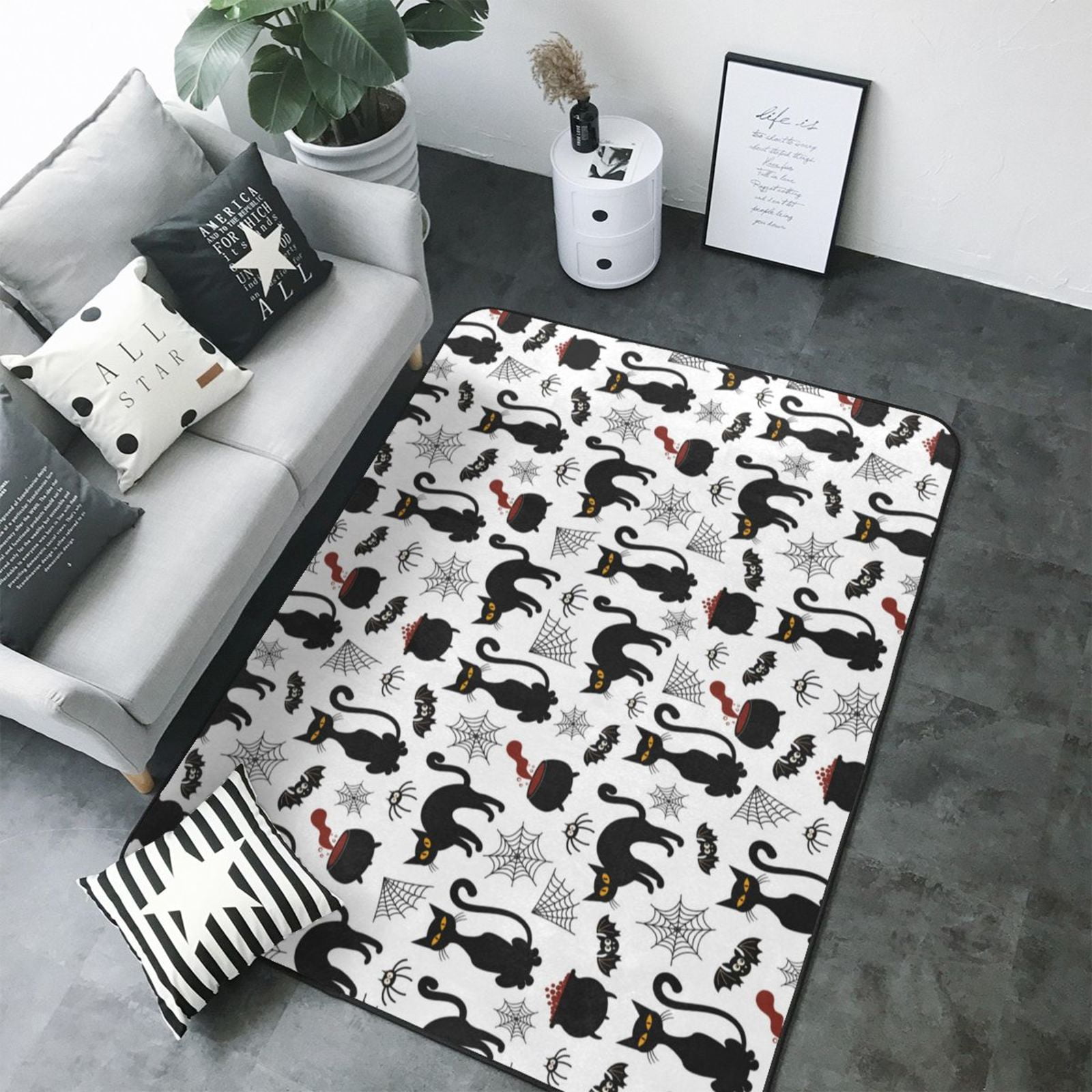80*58in Soft Halloween Indoor Outdoor Rug halloween cat bat spider web ...