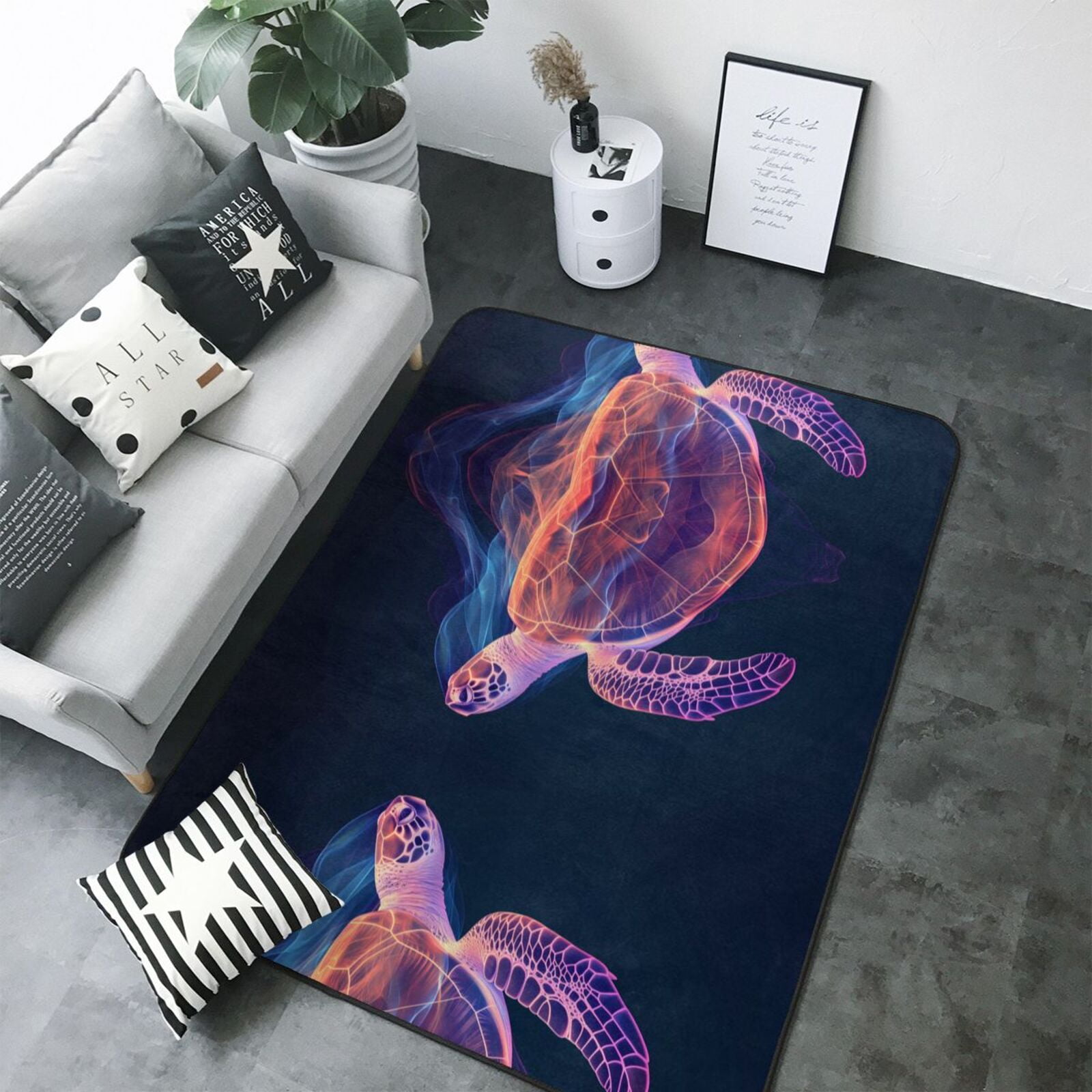 80*58in Soft Indoor Outdoor Rug Abstract Line Turtle Washable Light ...