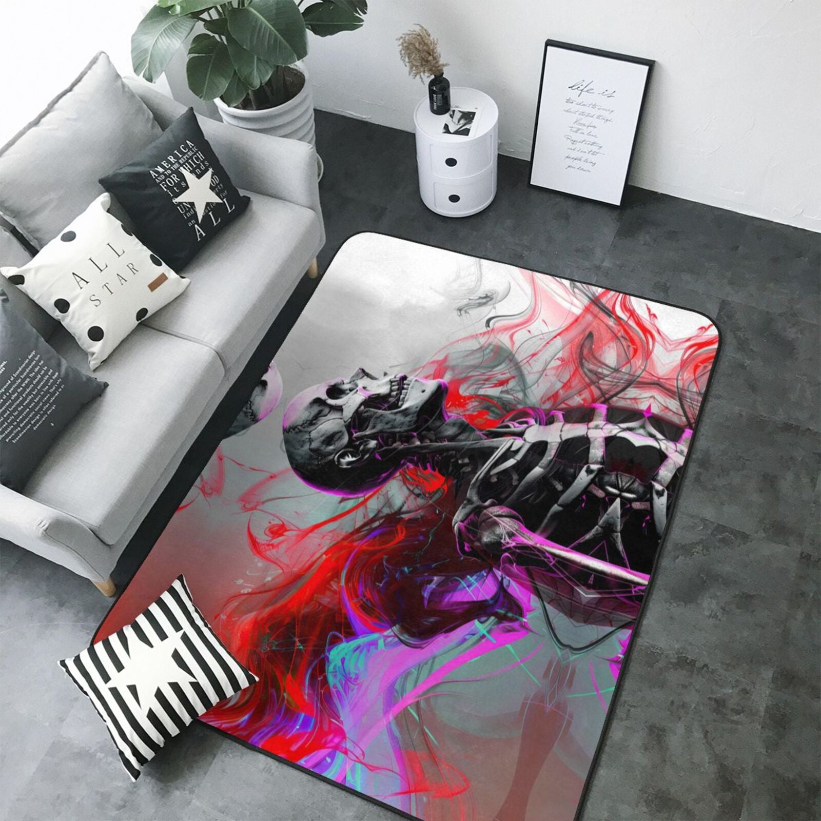 80*58in Soft Indoor Outdoor Rug Artistic Skull Washable Light Rugs for ...