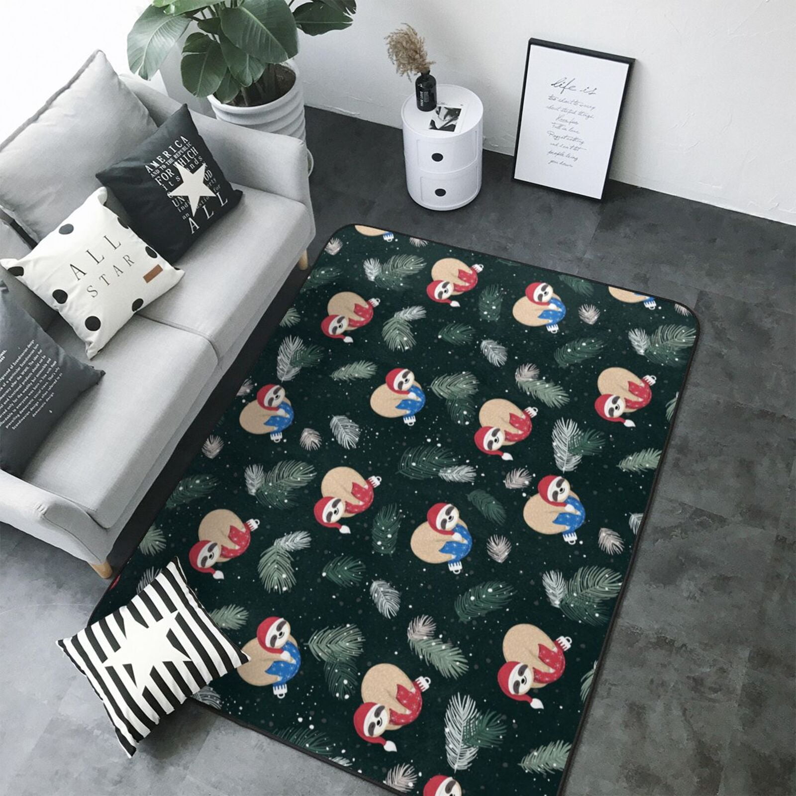 80*58in Soft Indoor Outdoor Rug Baby Sloths On Christmas Ball Washable ...