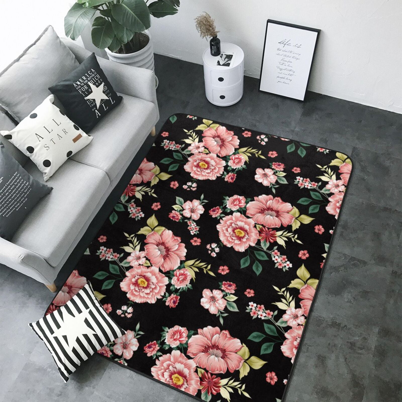 80*58in Soft Indoor Outdoor Rug Big Rose Flowers Washable Light Rugs ...