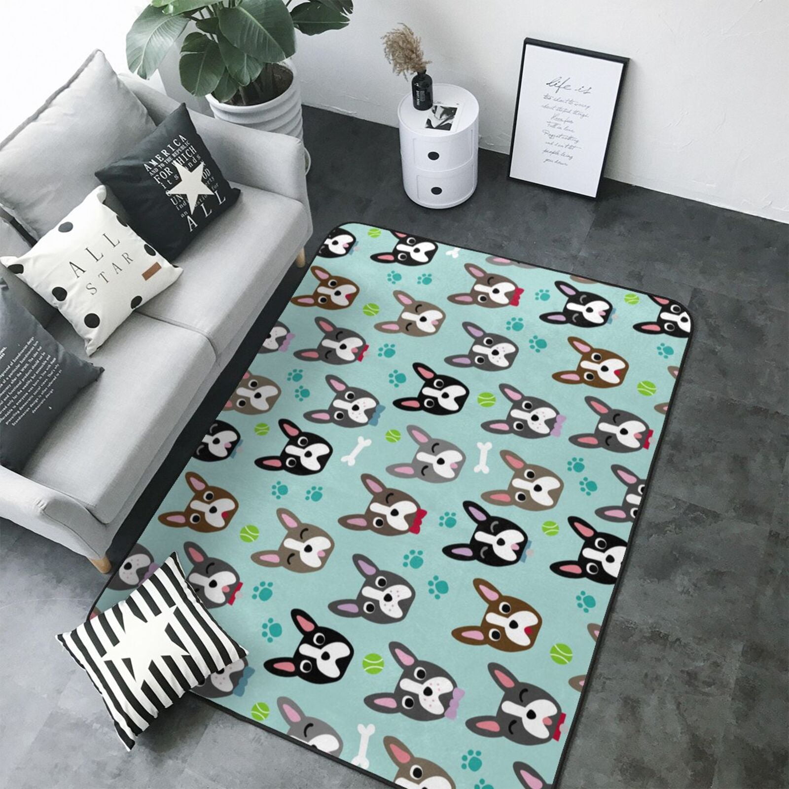 80*58in Soft Indoor Outdoor Rug Boston Terrier paw green cute Washable ...