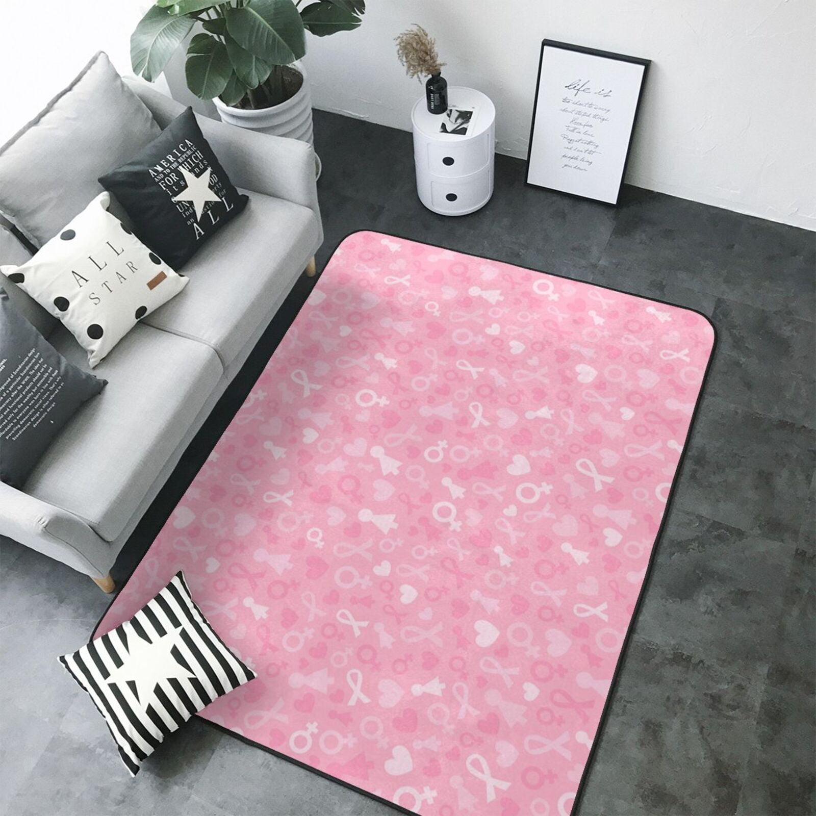 80*58in Soft Indoor Outdoor Rug Breast Cancer Awareness Washable Light ...
