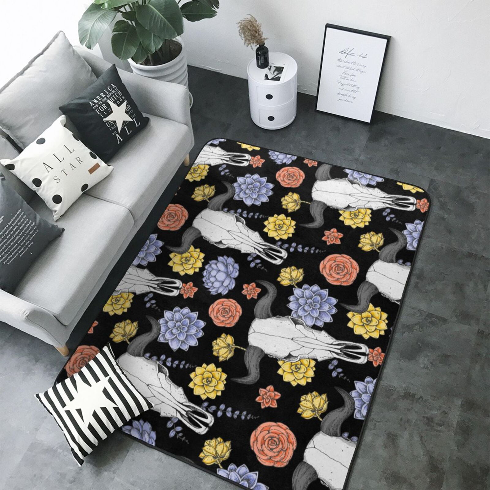 80*58in Soft Indoor Outdoor Rug Buffalo Skull flowers Exotic Washable ...
