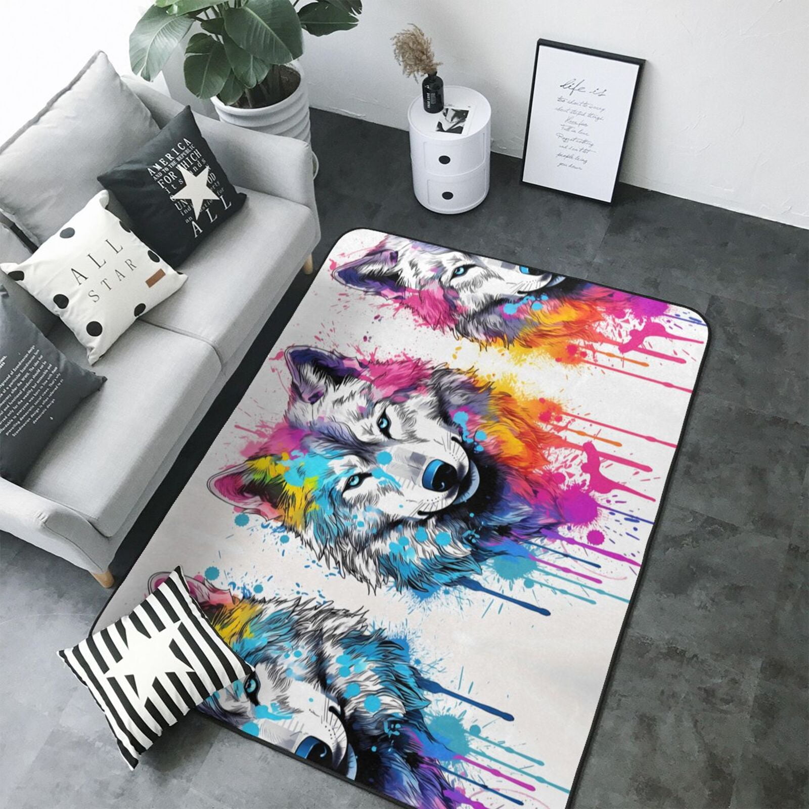 80*58in Soft Indoor Outdoor Rug Cool Colorful Wolf Washable Light Rugs ...