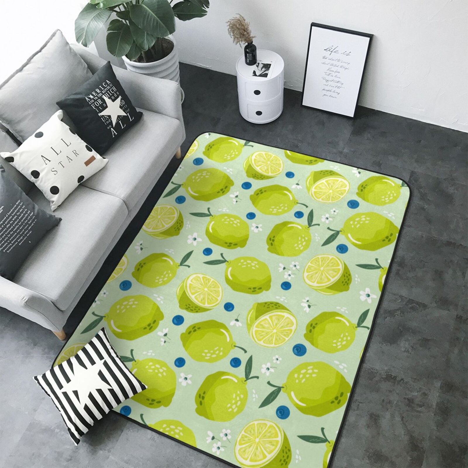 80*58in Soft Indoor Outdoor Rug Cute Lemon Flowers Blueberry Washable ...