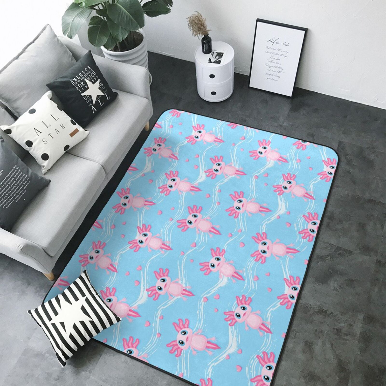 80*58in Soft Indoor Outdoor Rug Cute Pink Axolotl Wavy blue Washable ...