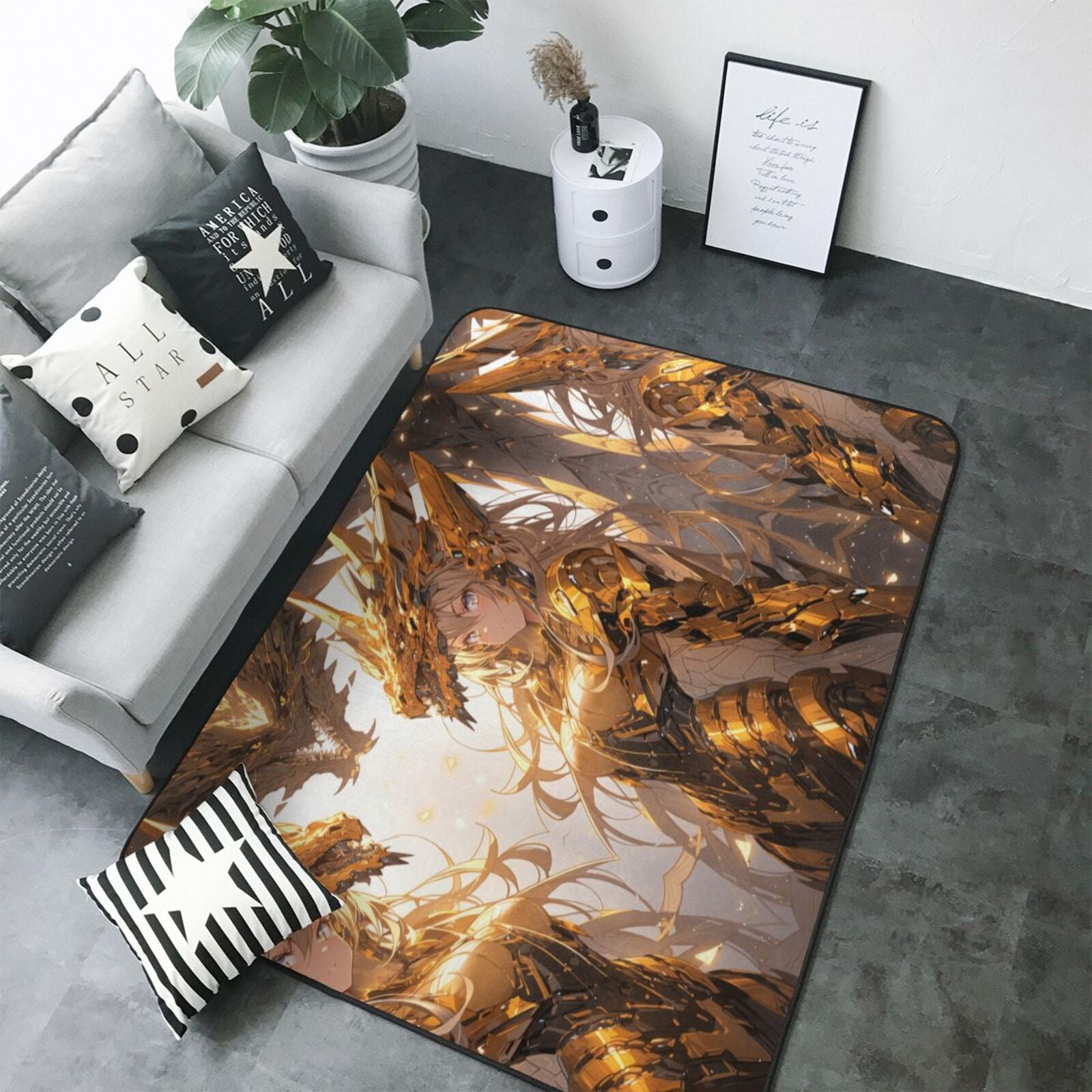 80*58in Soft Indoor Outdoor Rug Golden Armor Dragon Princess Washable ...