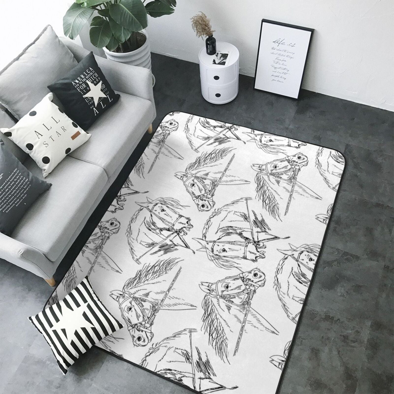 80*58in Soft Indoor Outdoor Rug Hand Drawn Line Cute Horse Washable ...