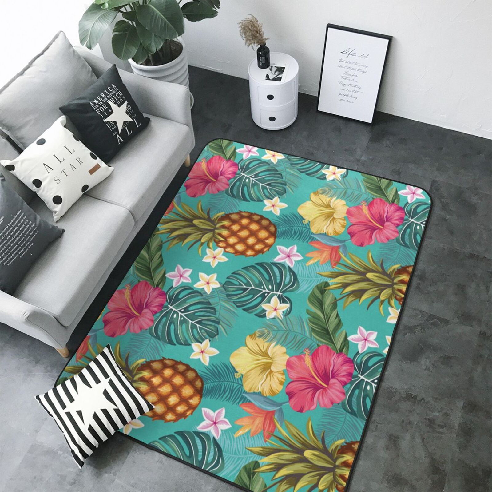80*58in Soft Indoor Outdoor Rug Hawaiian Style Pineapple Washable Light ...