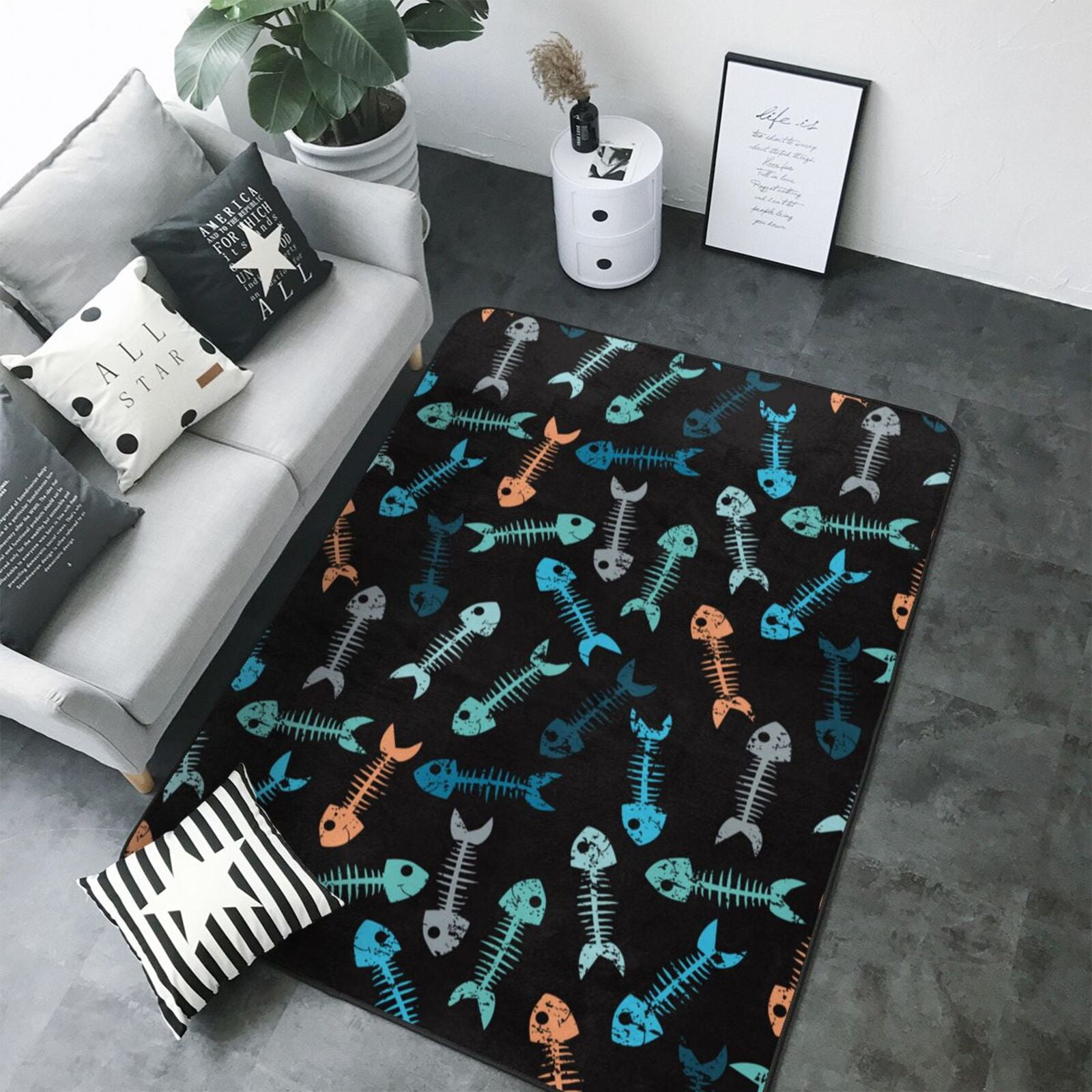 80*58in Soft Indoor Outdoor Rug Little Fish Skeleton Washable Light ...
