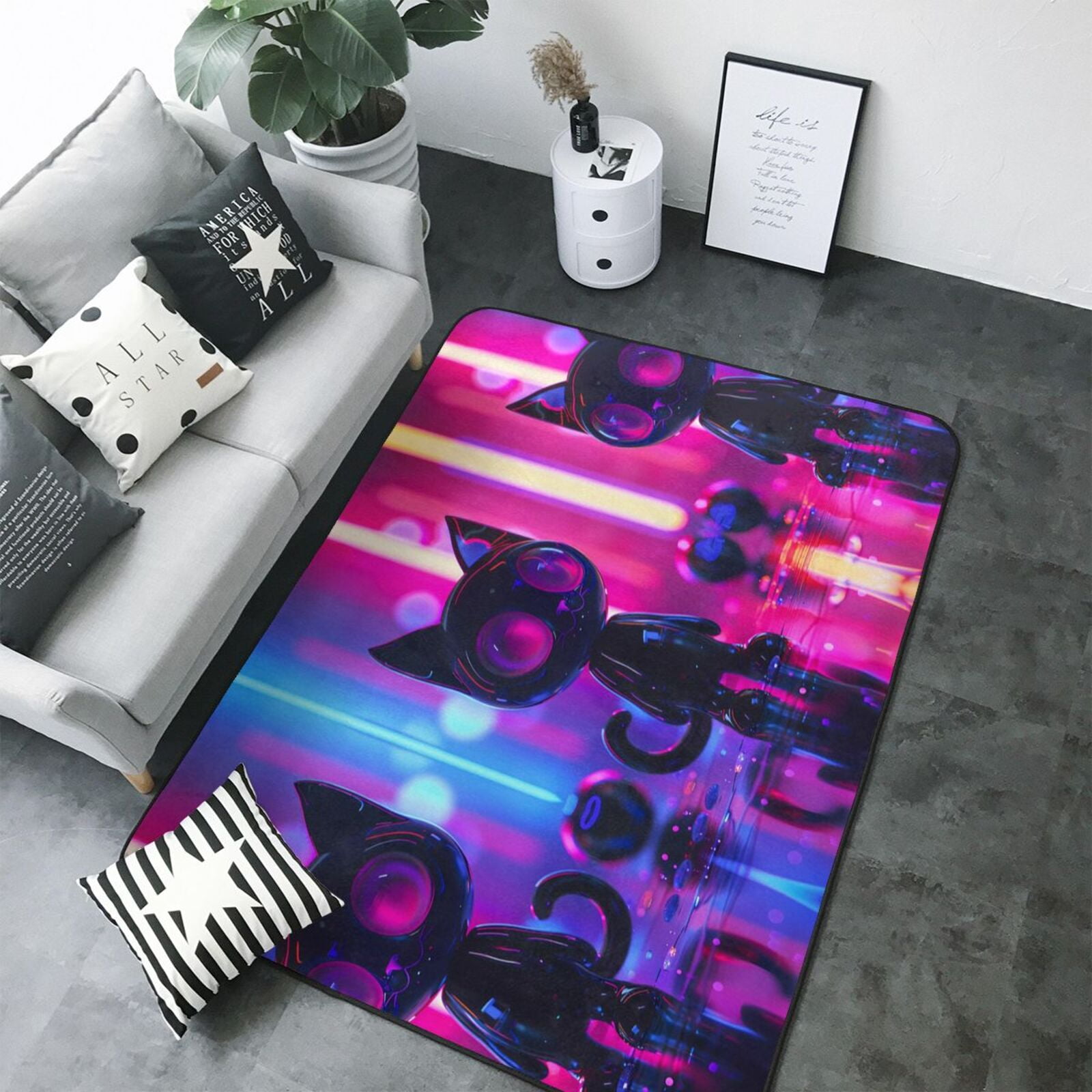 80*58in Soft Indoor Outdoor Rug Neon Toy Cat Reflections Washable Light ...