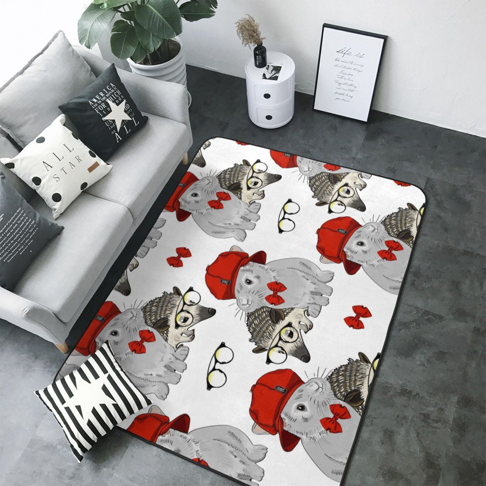 80*58in Soft Indoor Outdoor Rug Red Hat Cute Rabbit Glasses Hedgehog ...