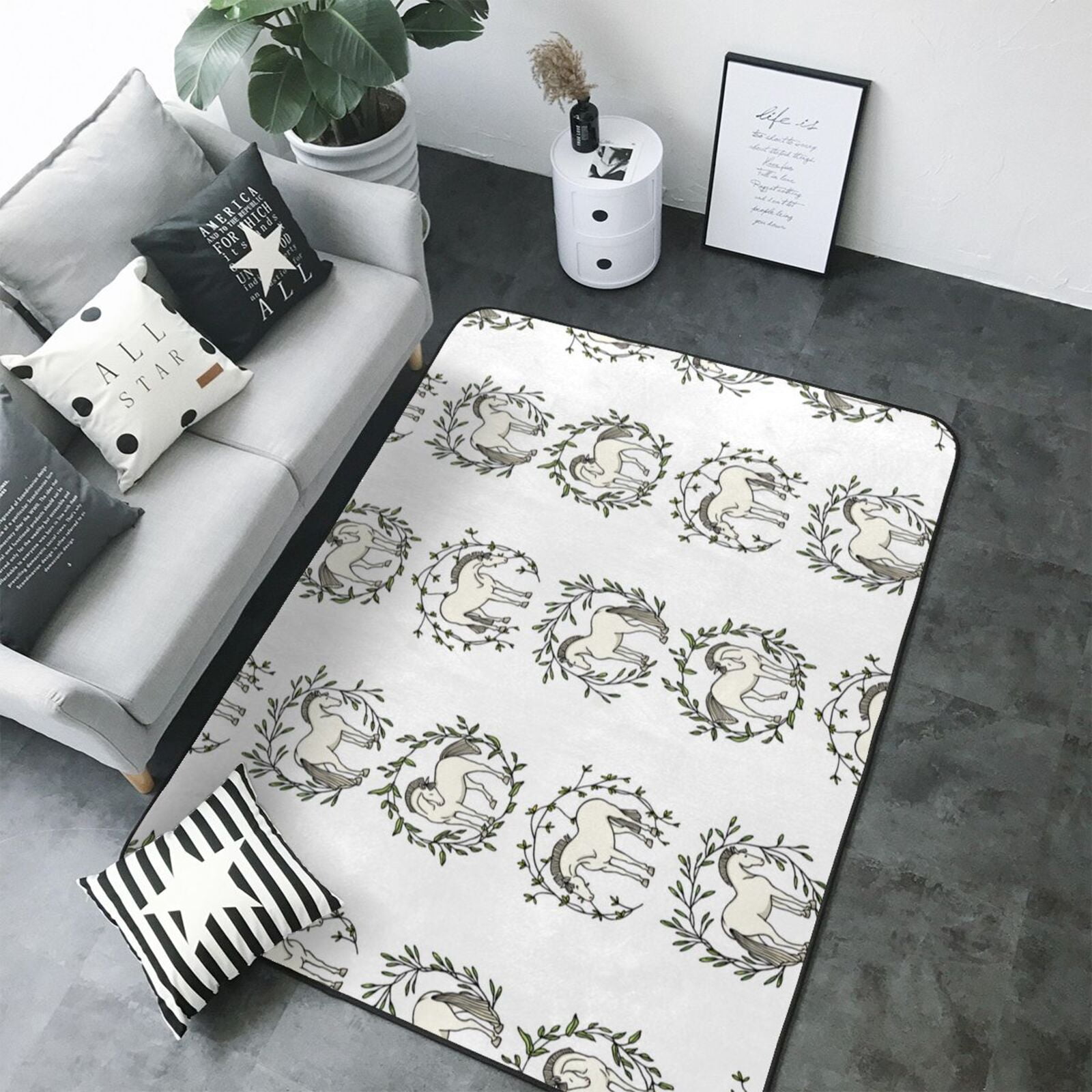 80*58in Soft Indoor Outdoor Rug Simple Cartoon Cute Horse Washable ...