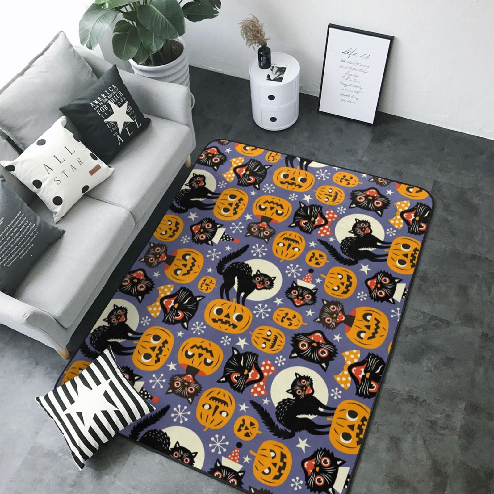 80*58in Soft Indoor Outdoor Rug Spooky Cats Halloween Pumpkins Washable ...
