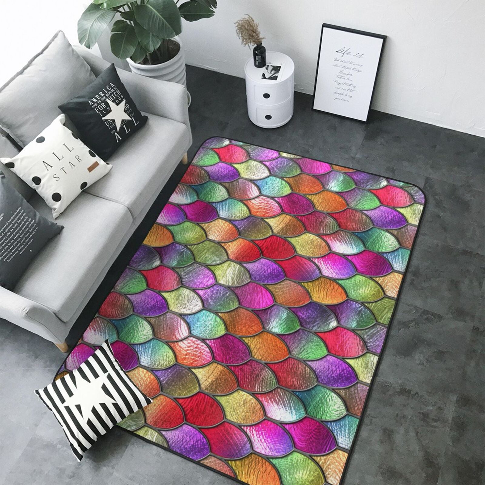80*58in Soft Indoor Outdoor Rug Stained glass Rainbow fish scales ...