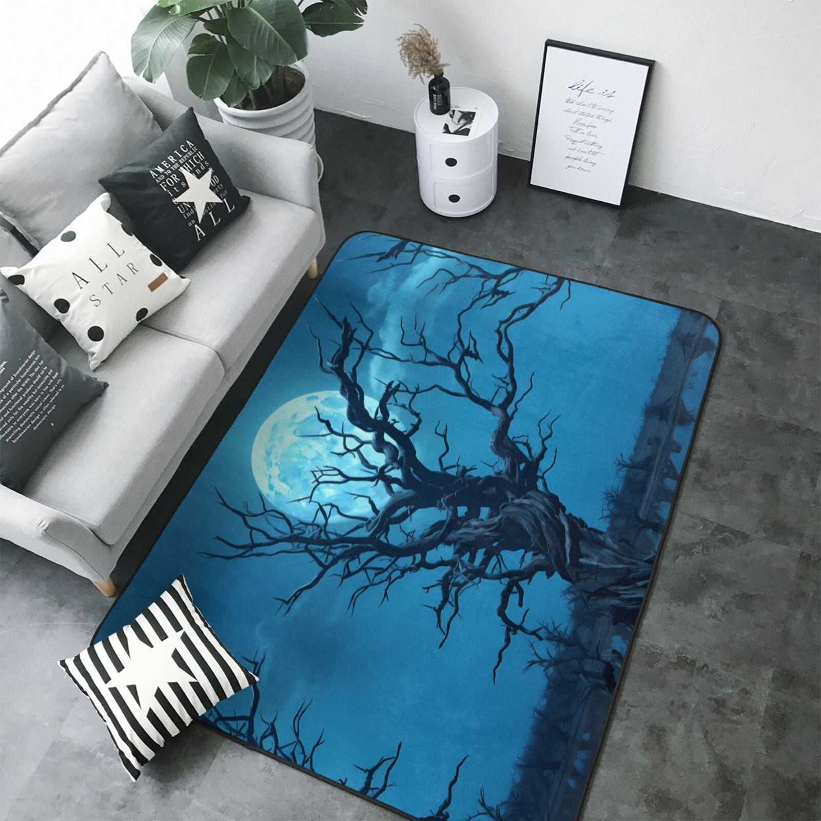80*58in Soft Indoor Outdoor Rug Tree Moon Night Sky Washable Light Rugs ...