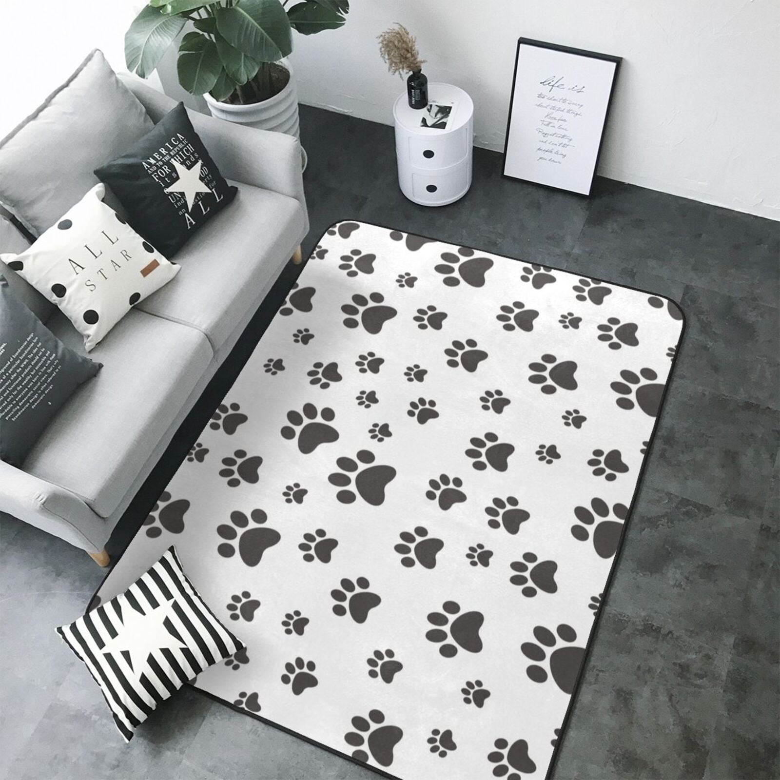 80*58in Soft Indoor Outdoor Rug cute Dog paw black white Washable Light ...