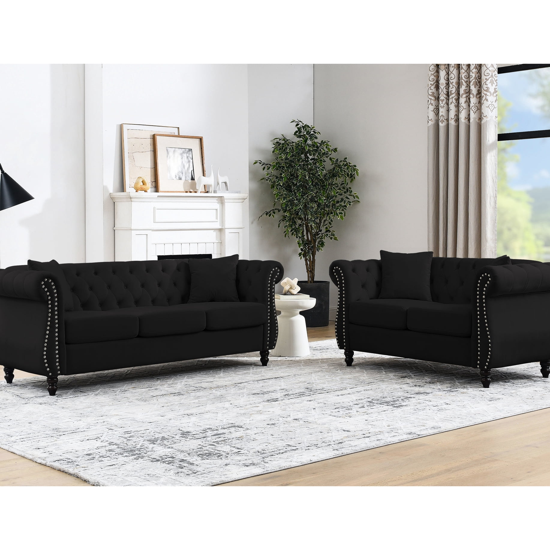 80" Black Velvet, 3 Seater Couch With Nailhead Accent. For Living ...