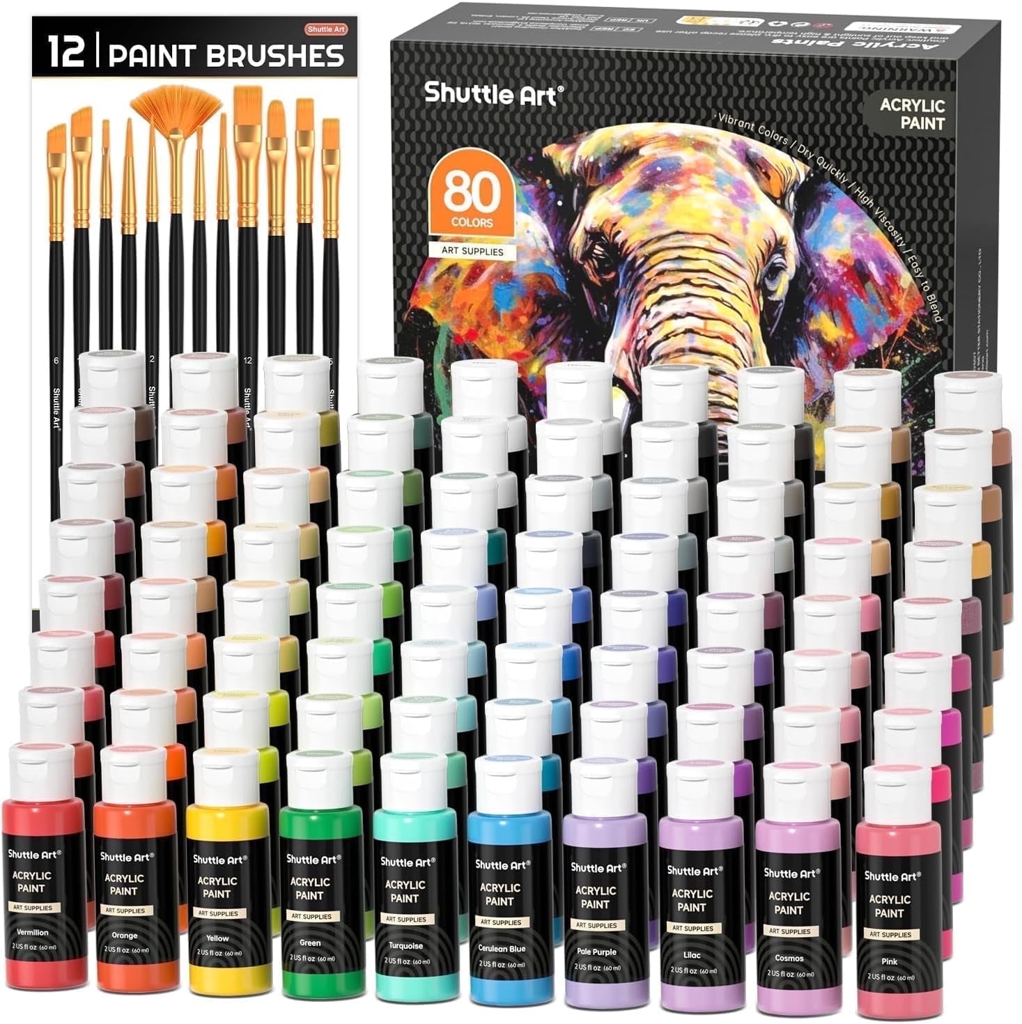 80 Colors Acrylic Paint, Shuttle Art Acrylic Paint set with 12 Paint ...