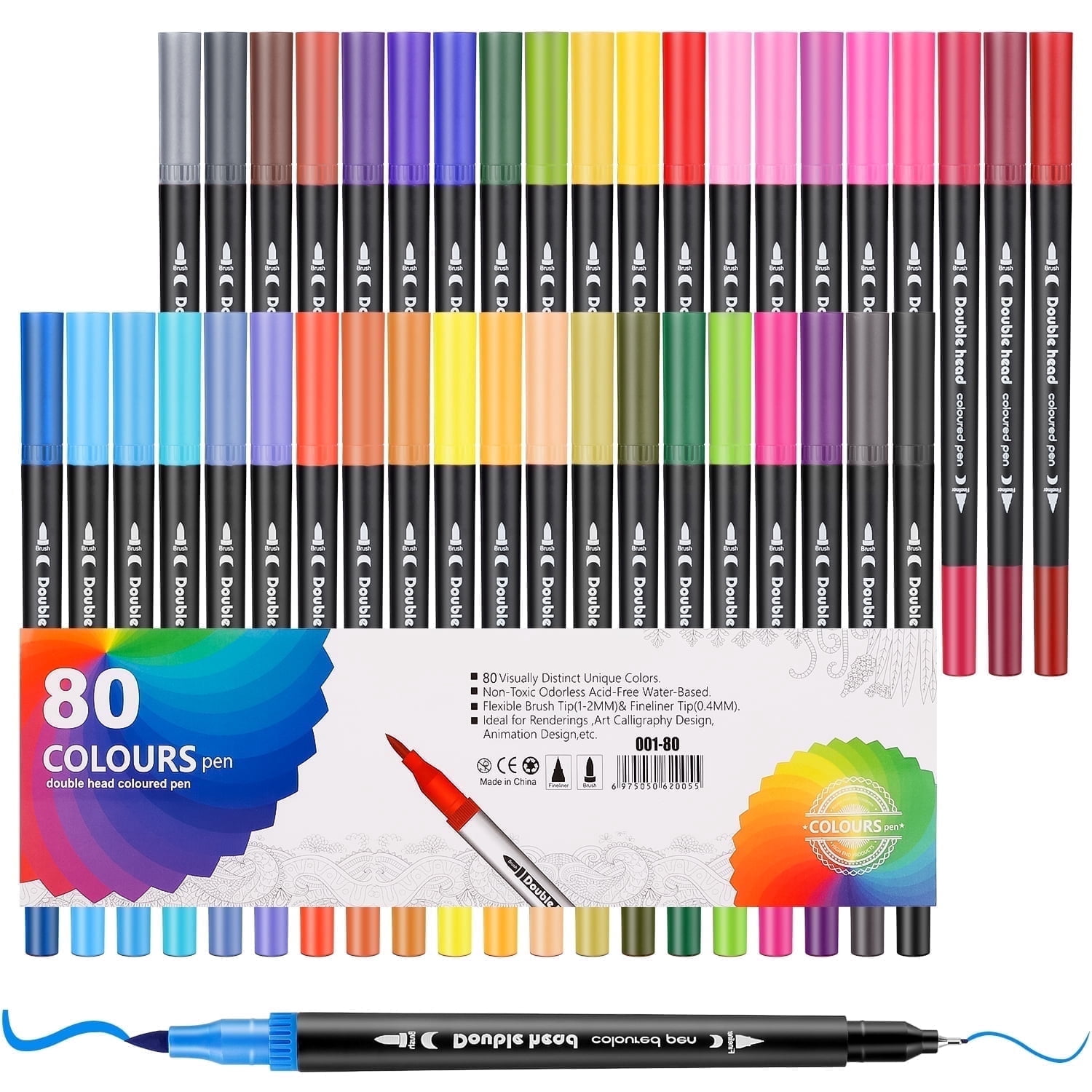 80 Colors Art Brush Marker, Dual Tip Coloring Markers, Fine Tip and ...