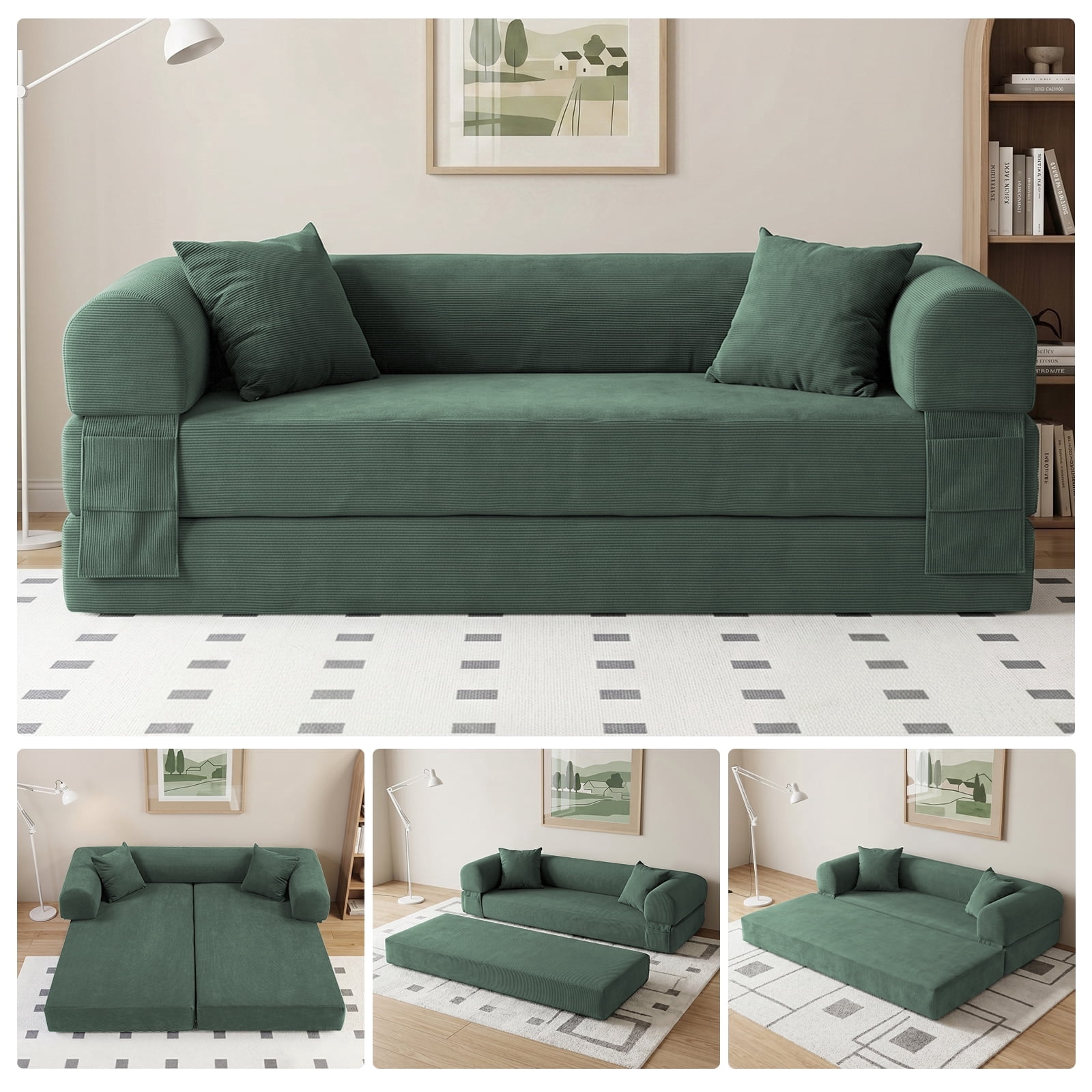 80" Convertible Sofa Couch with 2 Pillows,3 Seats Sofa,Corduroy ...