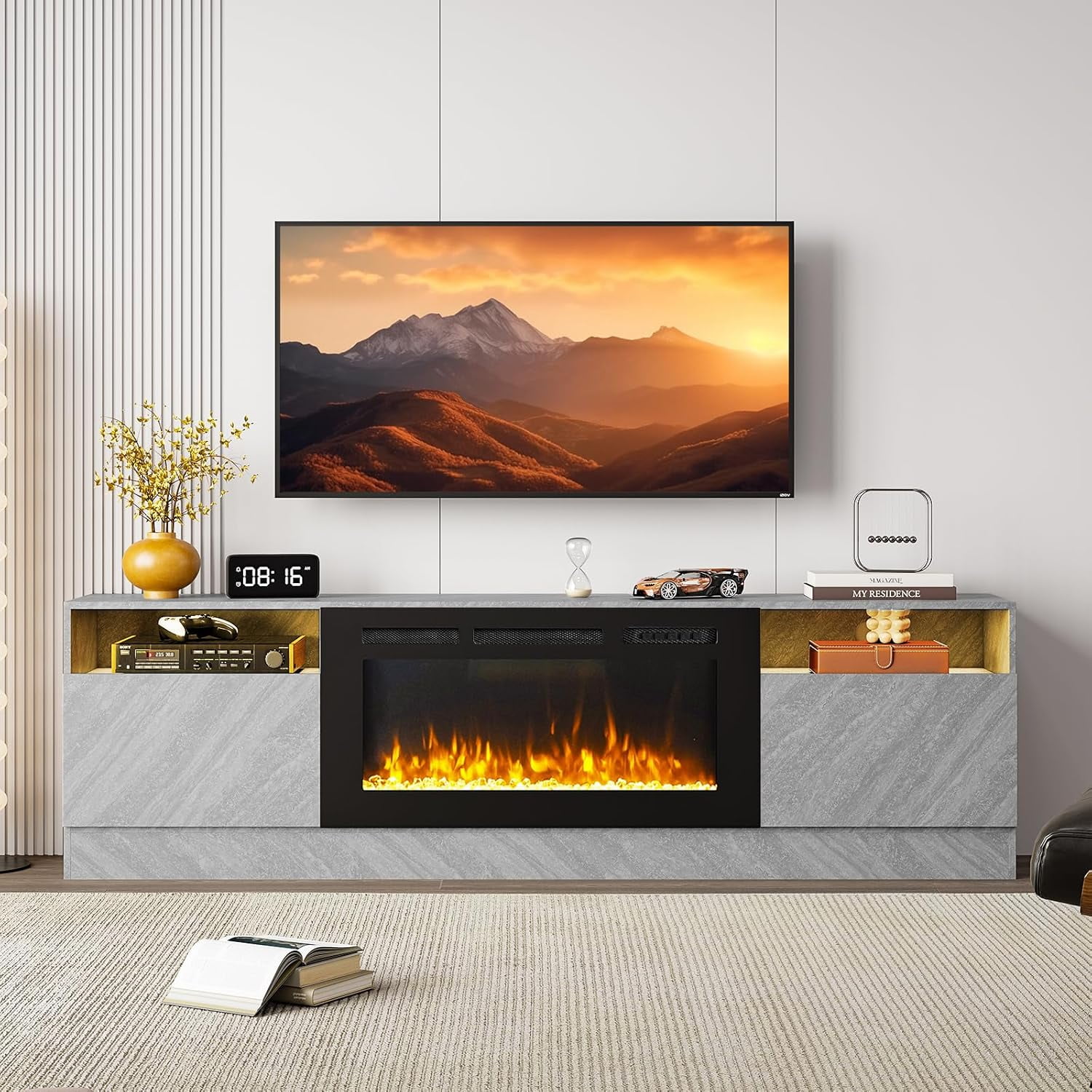 80” Fireplace TV Stand with 36” Electric Fireplace LED Light ...
