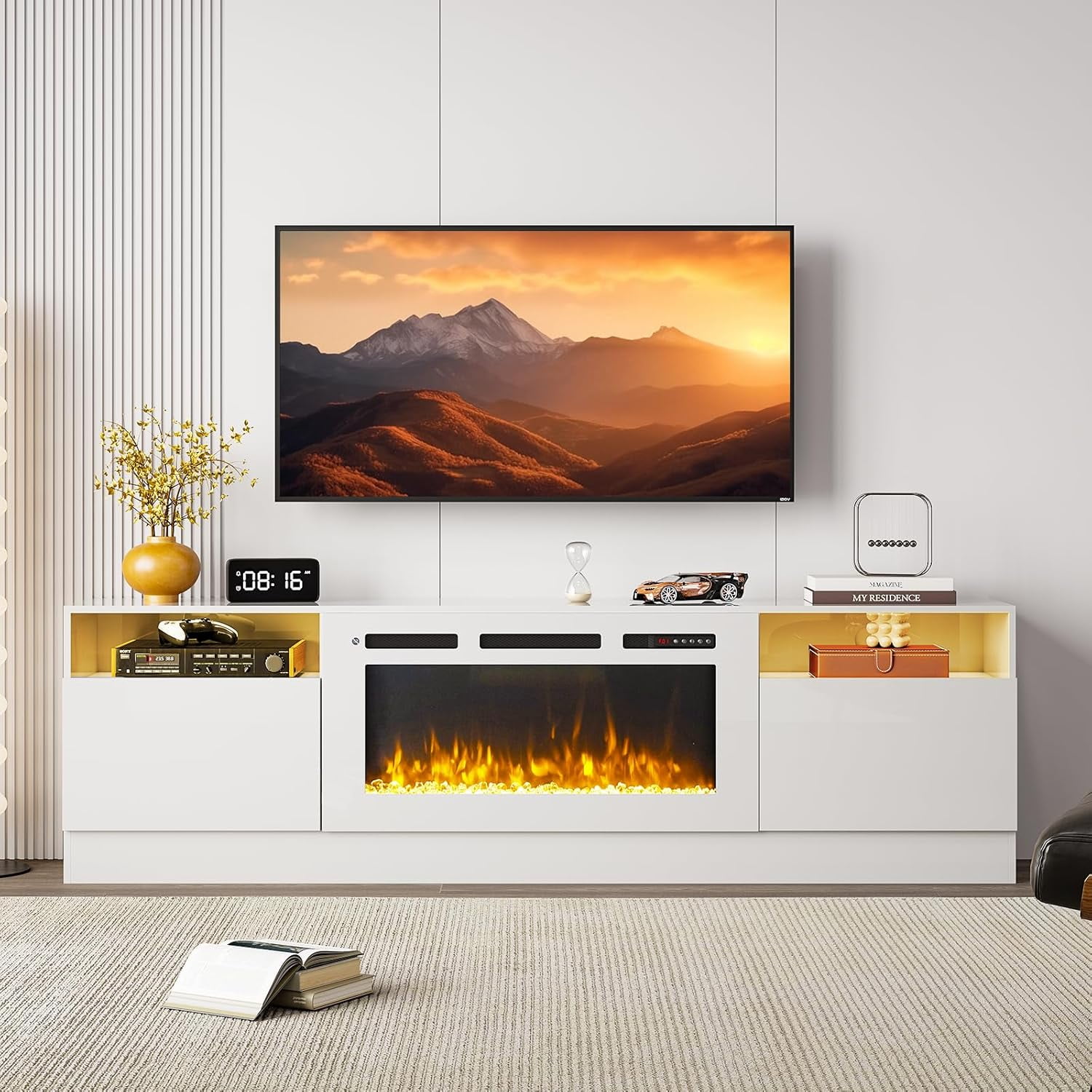 80” Fireplace TV Stand with 36” Electric Fireplace LED Light ...