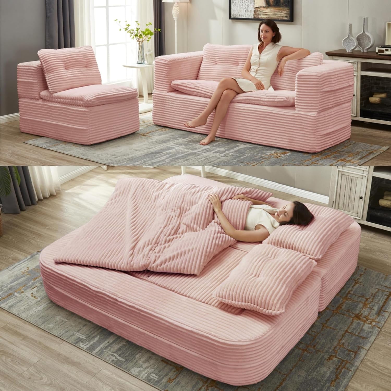 80'' Futon Sofa Bed, King Size Foldable Sleeper Sofa, Corduroy Boneless ...