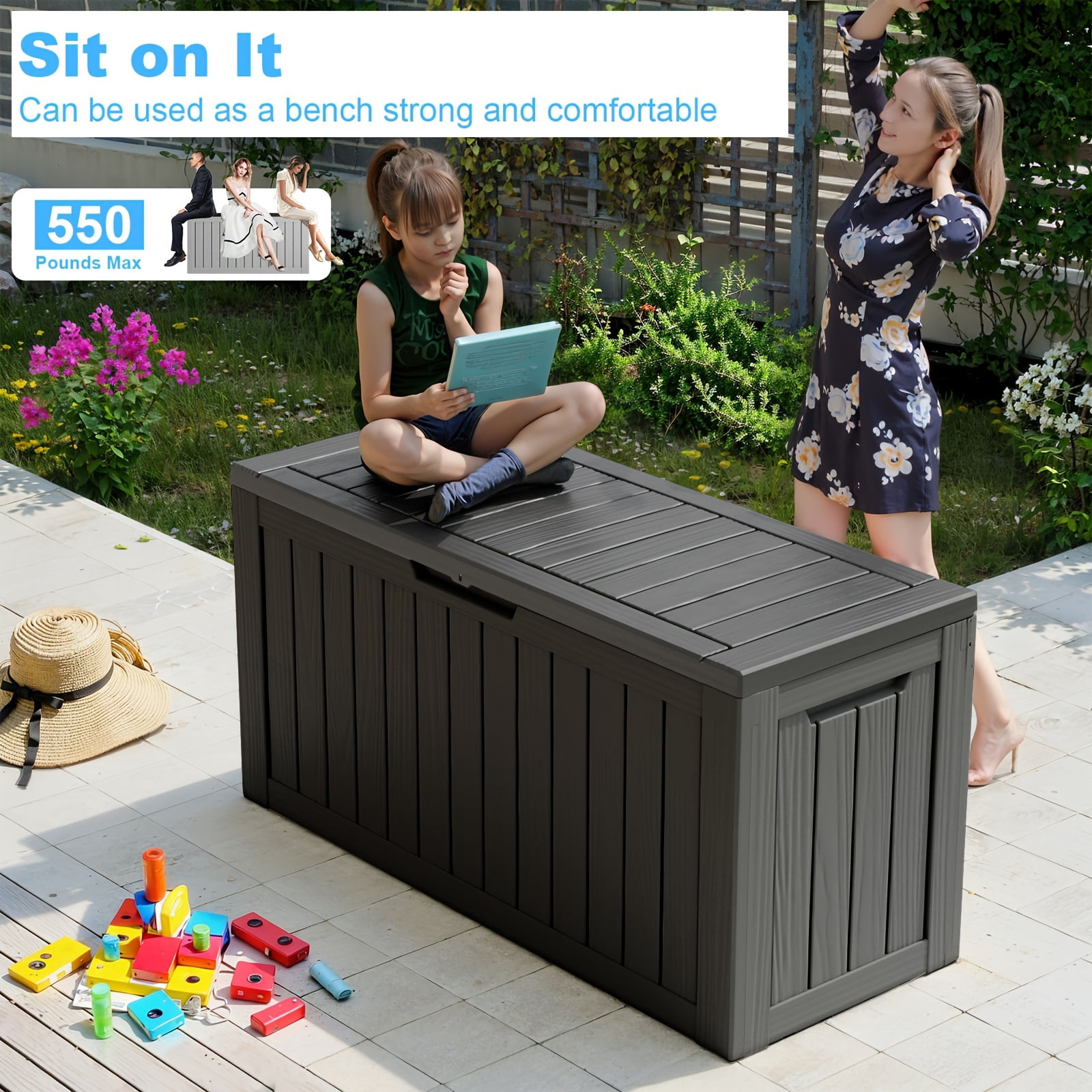 80 Gallon Rectangle Resin Outdoor Storage Box, Flip Top Deck Box for ...