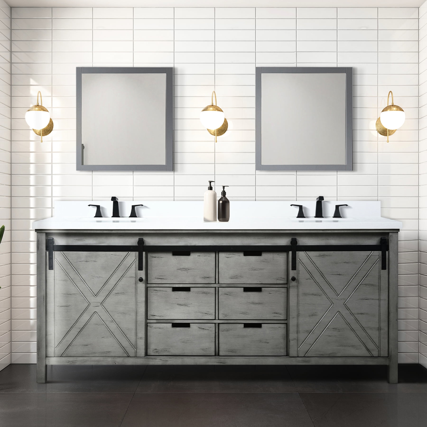 80 In. Ash Grey Double Bath Vanity, Quartz Countertop, 30 Mirrors ...
