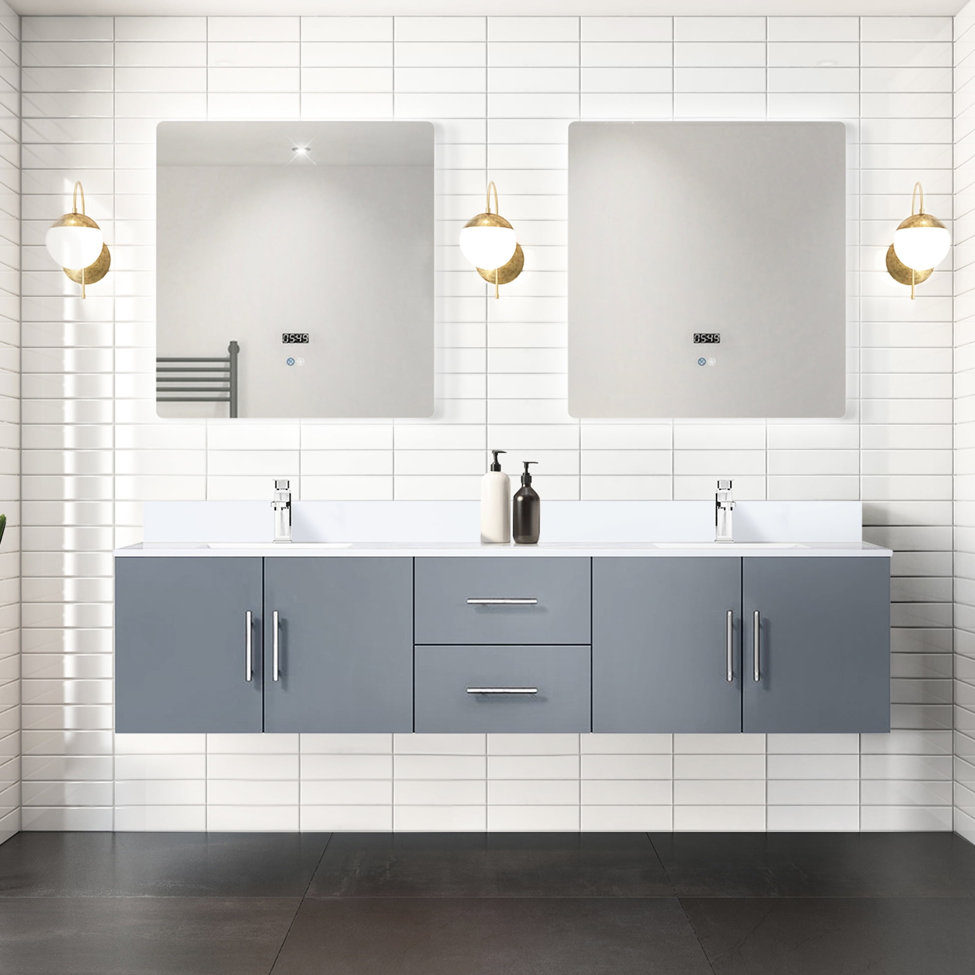 80 In. Bath Vanity In Dark Grey, White Quartz Top, 30 Led Mirrors ...