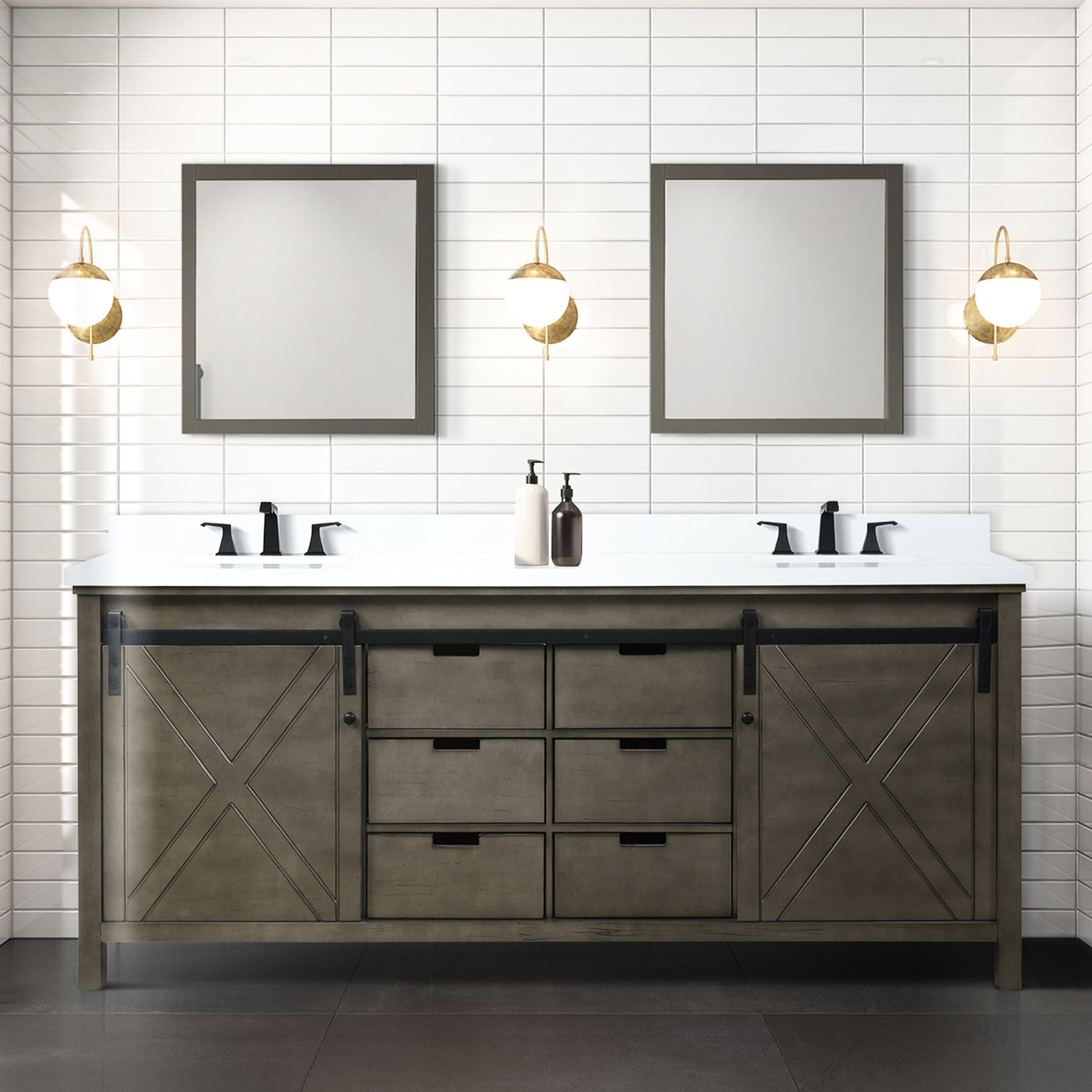 80 In. Rustic Brown Double Bath Vanity With White Quartz Countertop And ...