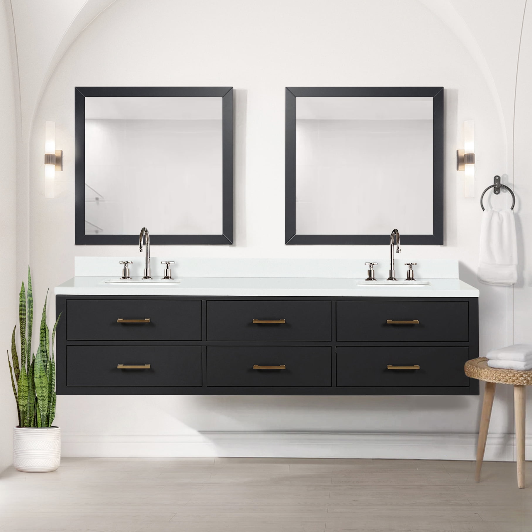 80 In. W Double Bath Vanity In Black, White Quartz Surface And Faucet ...