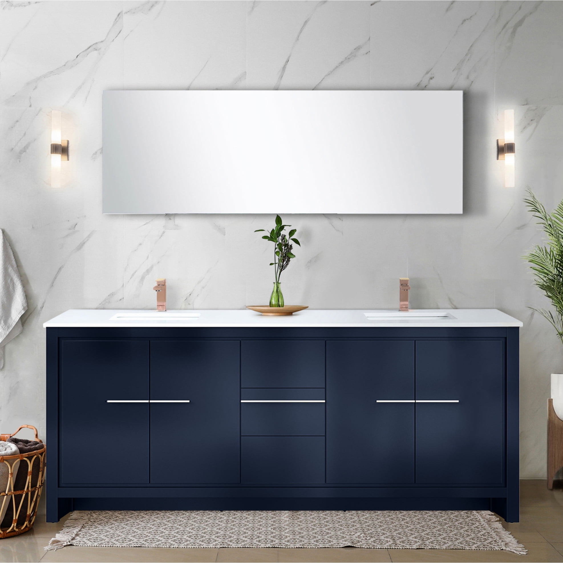 80 In. W X 20 D Navy Blue Bath Vanity With White Quartz Surface And ...