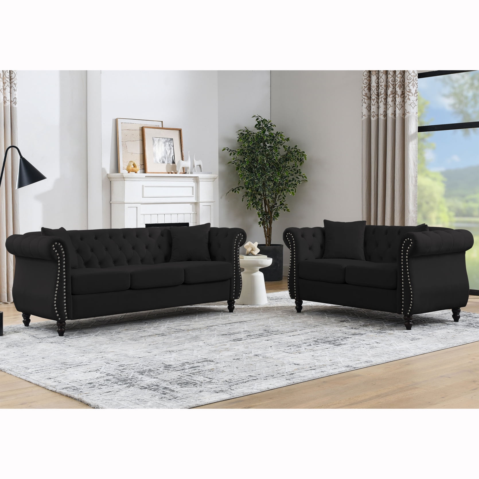 80 Inch Chesterfield Sofa Black Velvet 3 Seater Tufted Couch with ...