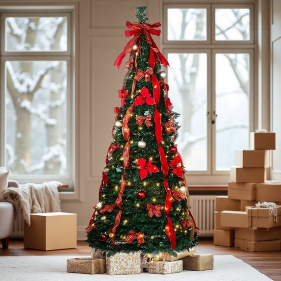 80 Inch Christmas Tree, 6.5ft Pre-Lit with 200 Warm White LEDs and Red ...
