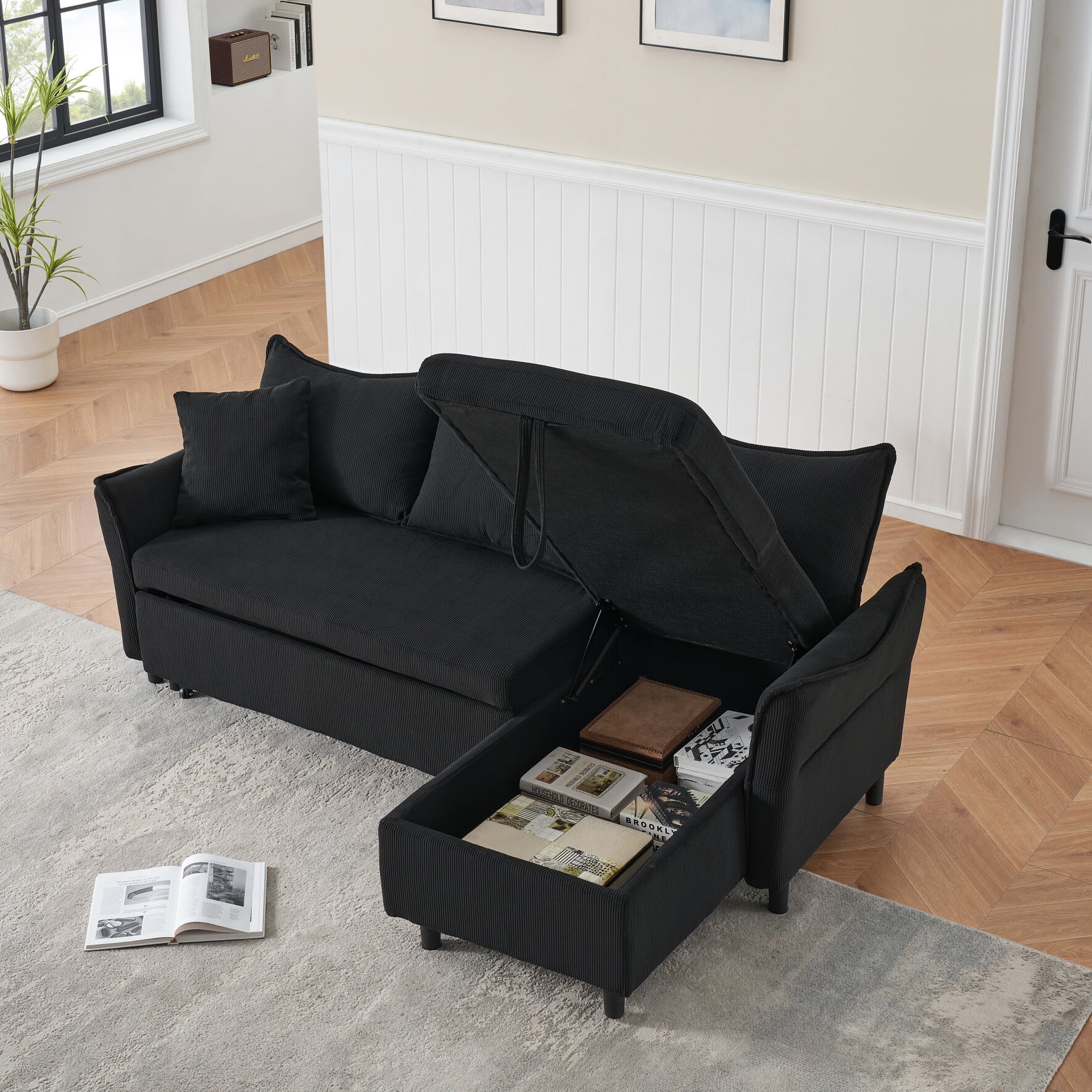 80 Inch Couch Sofa Bed, Corduroy L-Shaped Sofa with Storage Seat & 2 ...