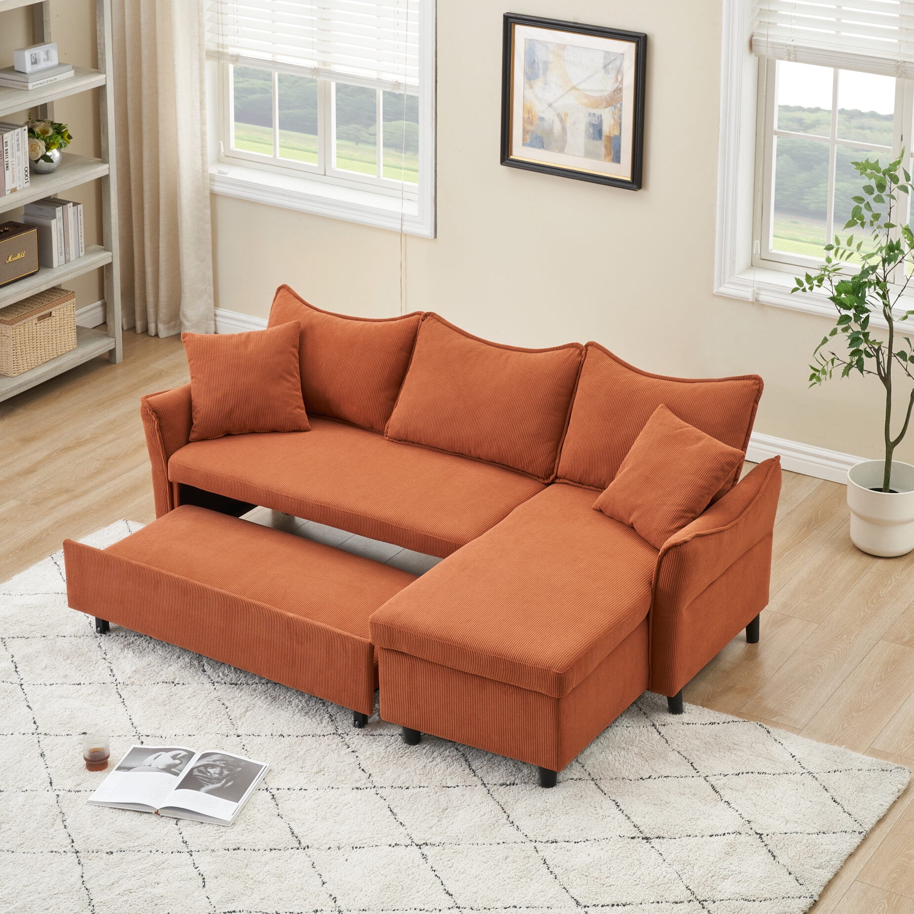 80 Inch Couch Sofa Bed, Corduroy L-Shaped Sofa with Storage Seat & 2 ...
